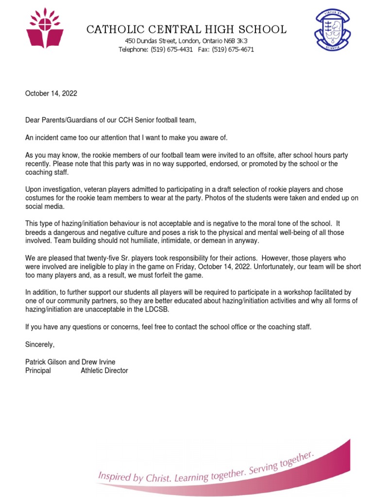 CCH Senior Football Team Incident - Letter To Parents | PDF