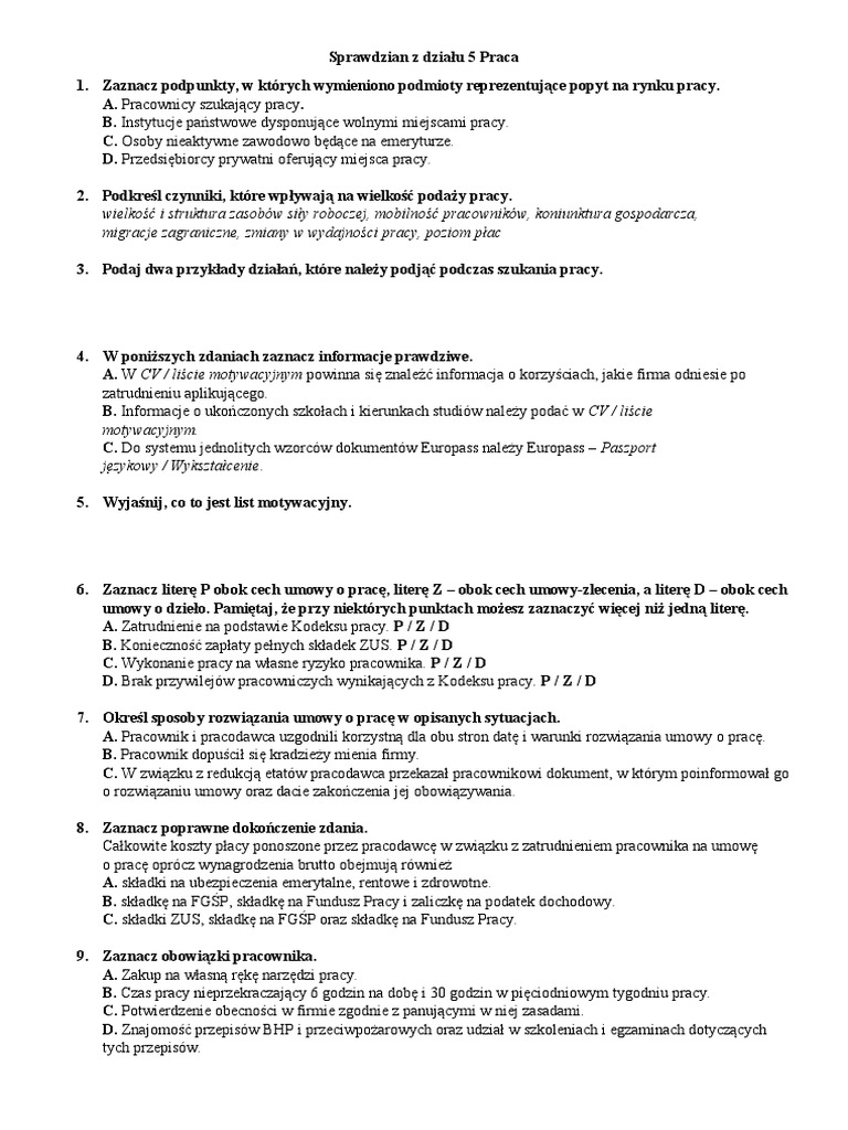 Sprawdzian Z Działu 5 Praca | PDF