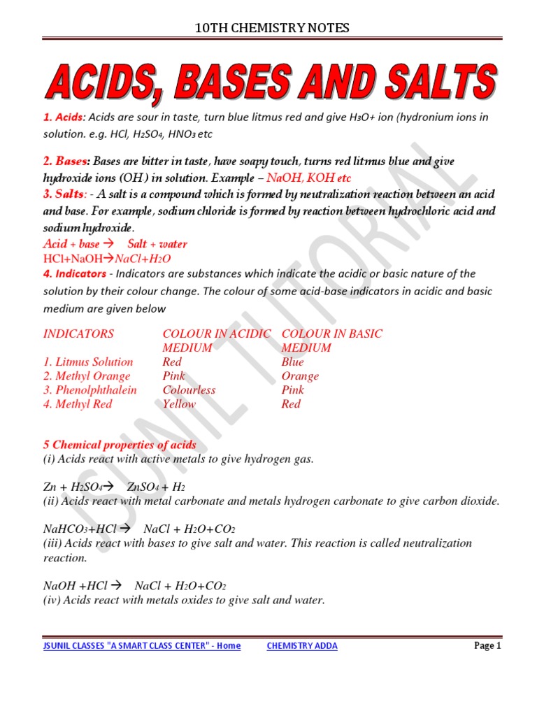 10th Acid Base and Salt Notes 2011 | PDF | Sodium Carbonate | Ph
