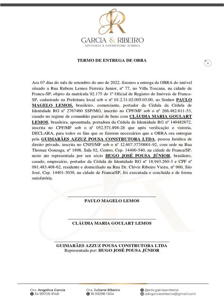 Modelo Termo de Entrega Obra | PDF
