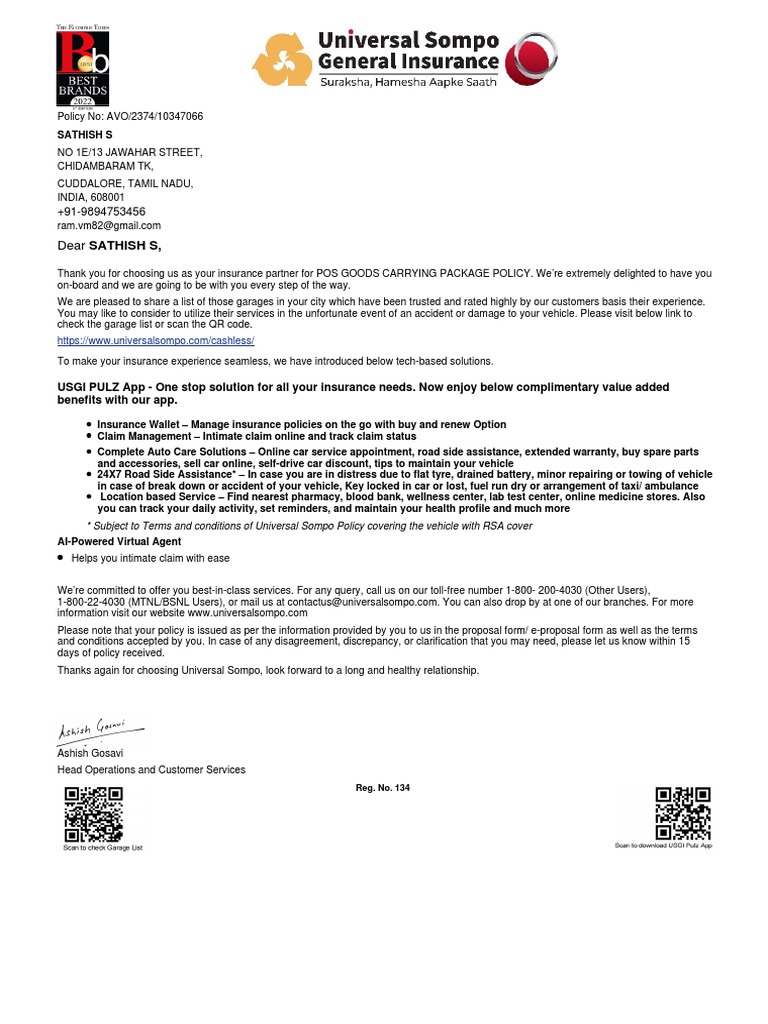 Insured's Policy Document for a POS Goods Carrying Package Policy with ...