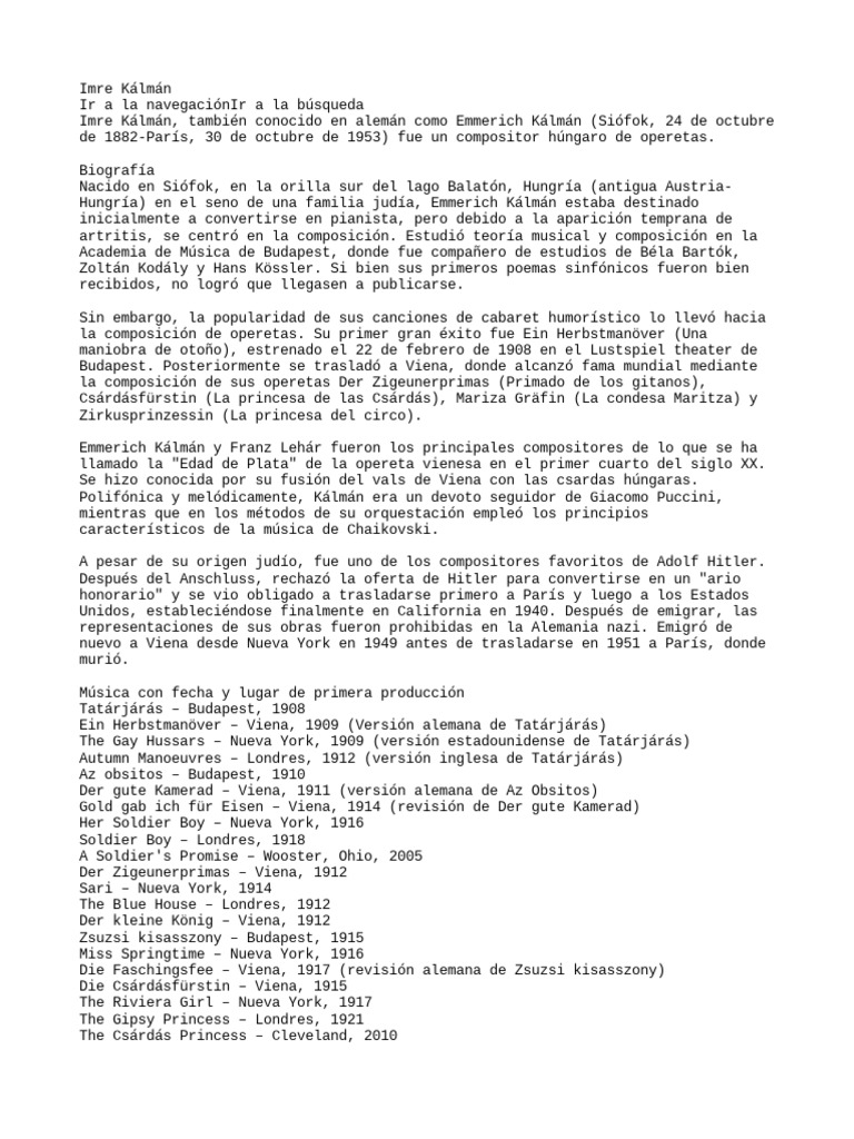 Imre Kálmán: Maestro de la Opereta | PDF | Las artes escénicas | Ópera