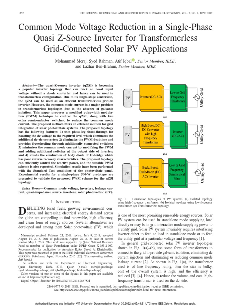 19 2018 2 Common Mode Voltage Reduction In A Single Phase Quasi Z