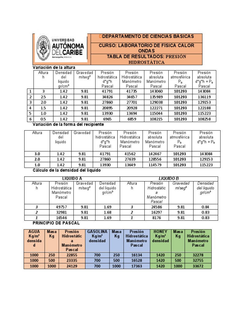 Hoja de Calculos de La Tabla Presion Hidrostatica | Descargar gratis PDF | Presión | Pascal (Unidad)