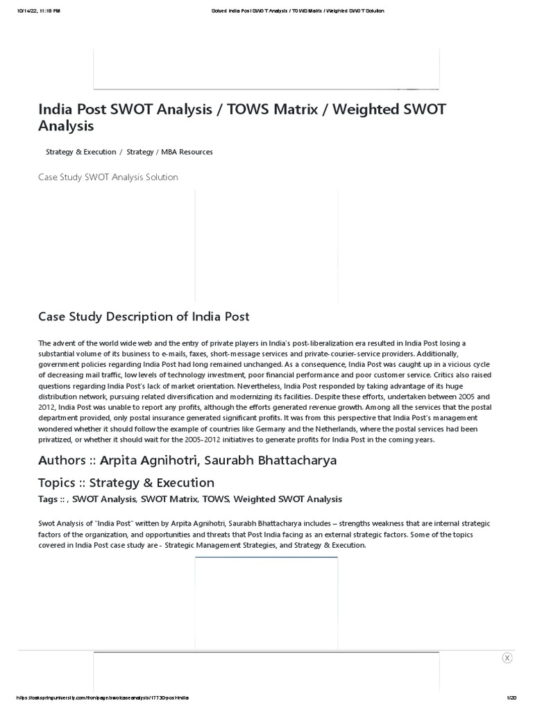 Solved India Post SWOT Analysis - TOWS Matrix - Weighted SWOT Solution ...