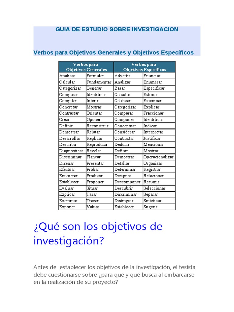 Verbos-Para-Objetivos-Generales-y-Objetivos-Especificos | PDF