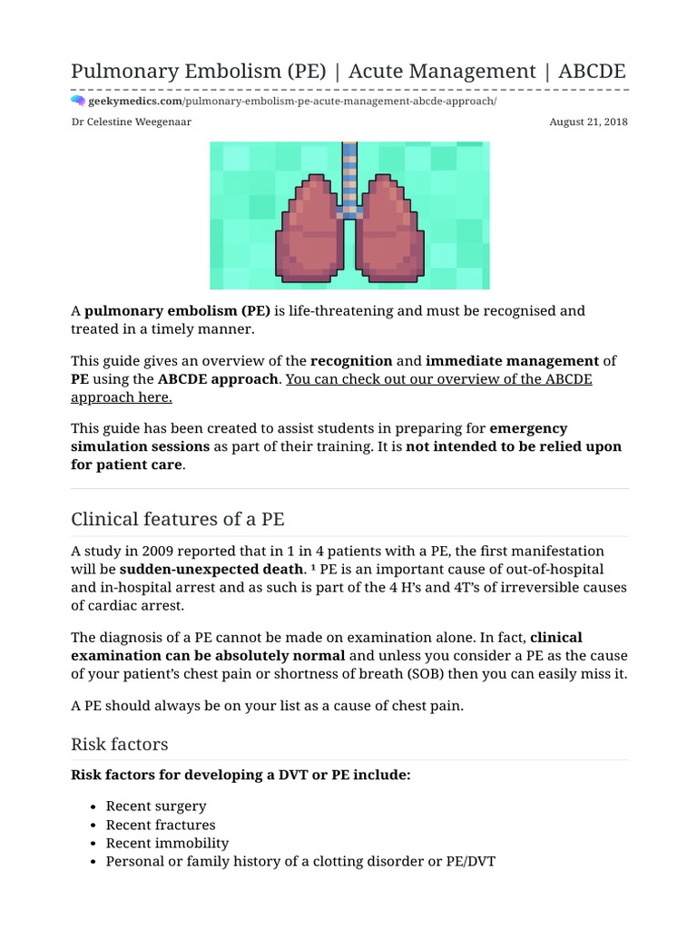 Pulmonary Embolism (PE) - Acute Management - ABCDE | PDF