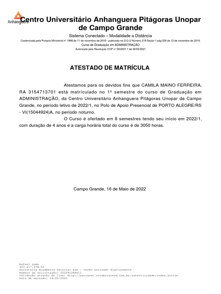 Atestado de Matrícula | PDF
