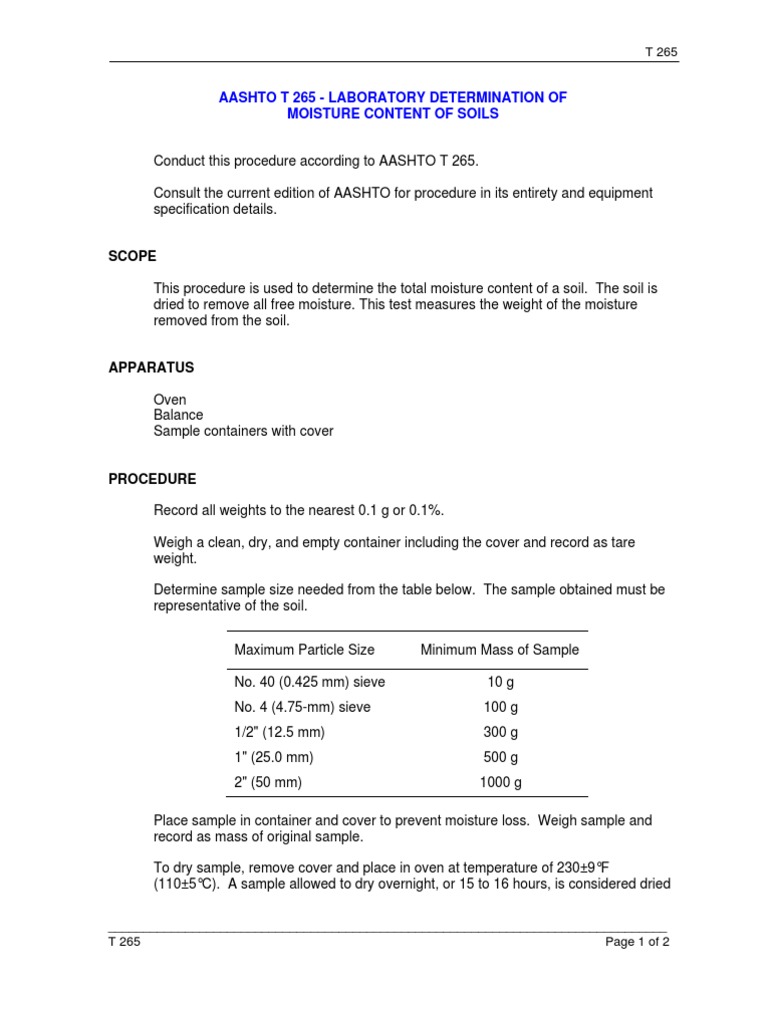 AASHTO T 265: Soil Moisture Content Test | PDF
