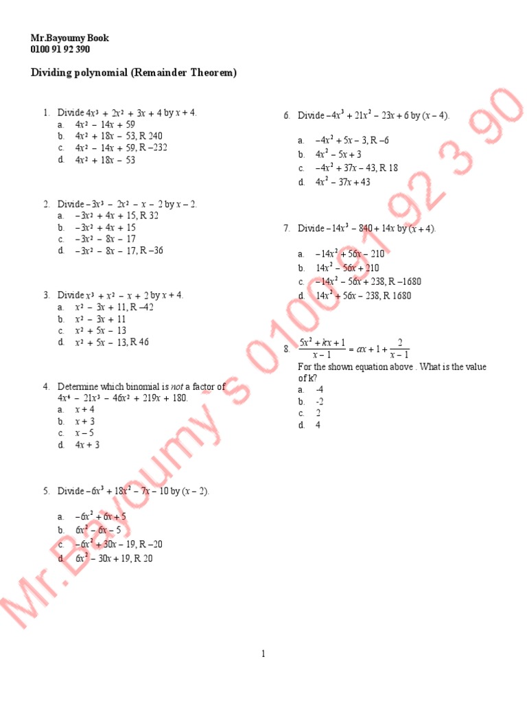 Dividing Polynomial (Remainder Theorem) MR - Bayoumy Book | PDF | Factorization | Numerical Analysis