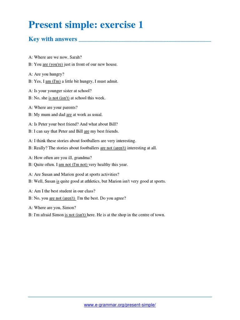 Present Simple Exercise 1 Key | PDF | Sports & Recreation