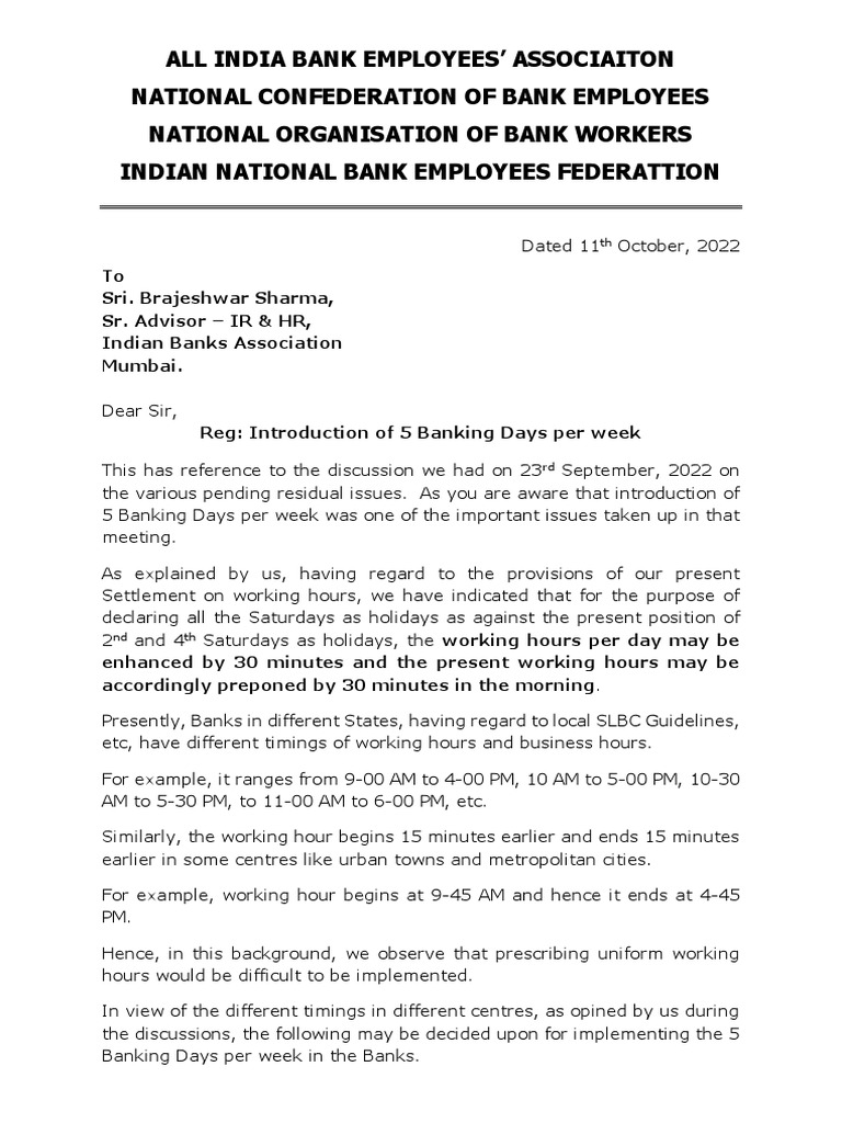 Aibea Ncbe Nobw Inbef Letter To Iba On 5 Days Banking | PDF | Working ...