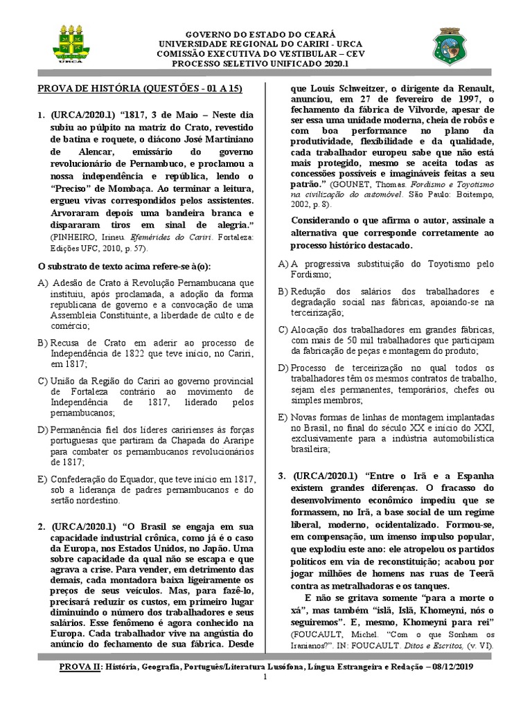 Prova de História URCA 2020.1: Questões e Análises | PDF | Brasil | Irã