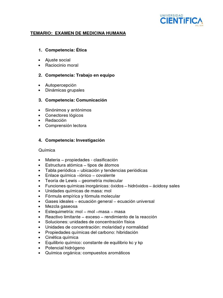 Temario Medicina Humana | PDF