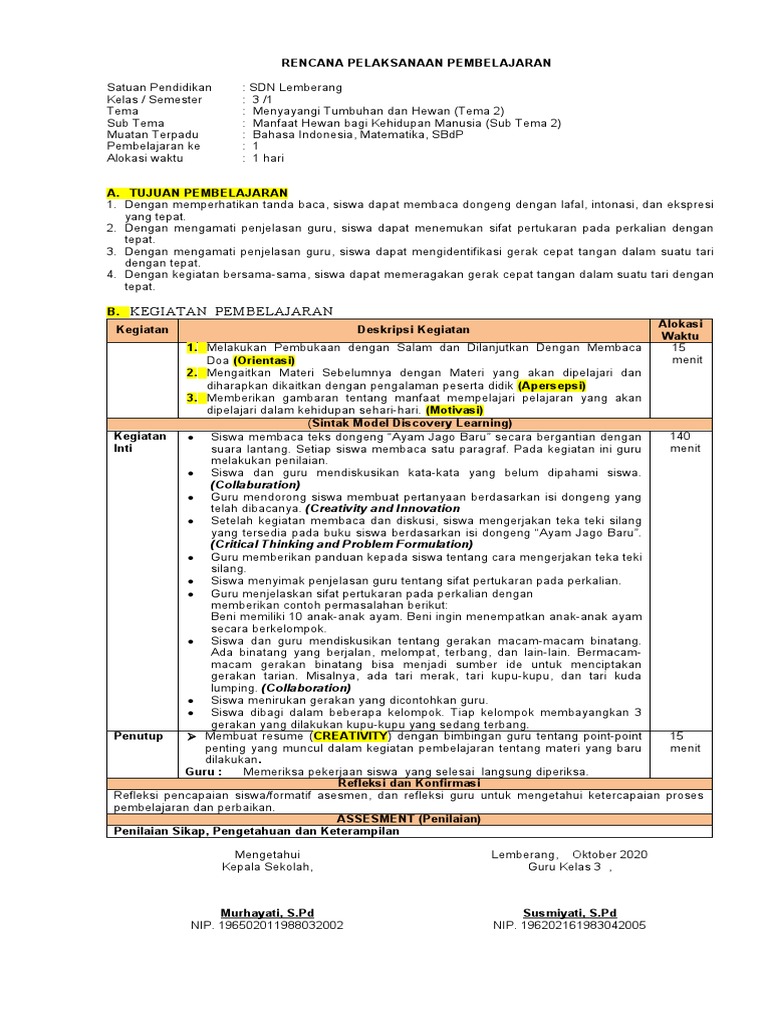 RPP K13 Kelas 3 Tema 2 Subtema 2 | PDF | Karier & Perkembangan
