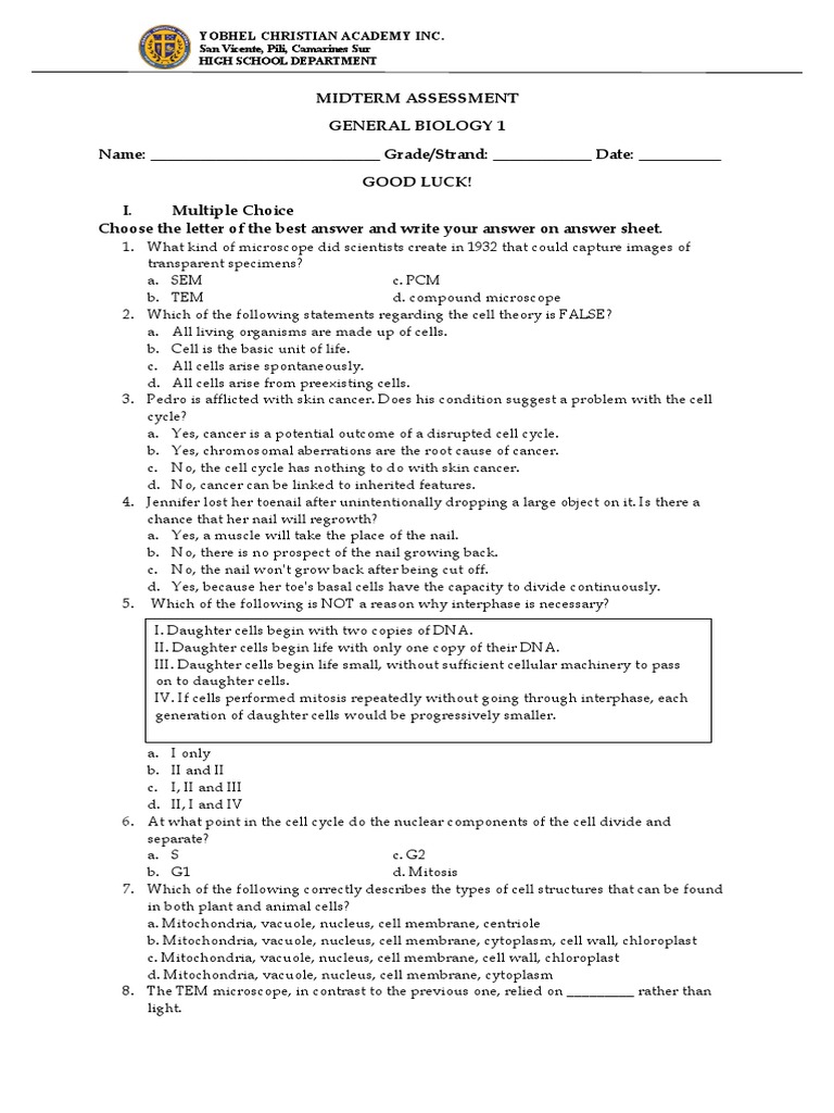Gen Bio Mid Term Exam | PDF | Mitosis | Meiosis