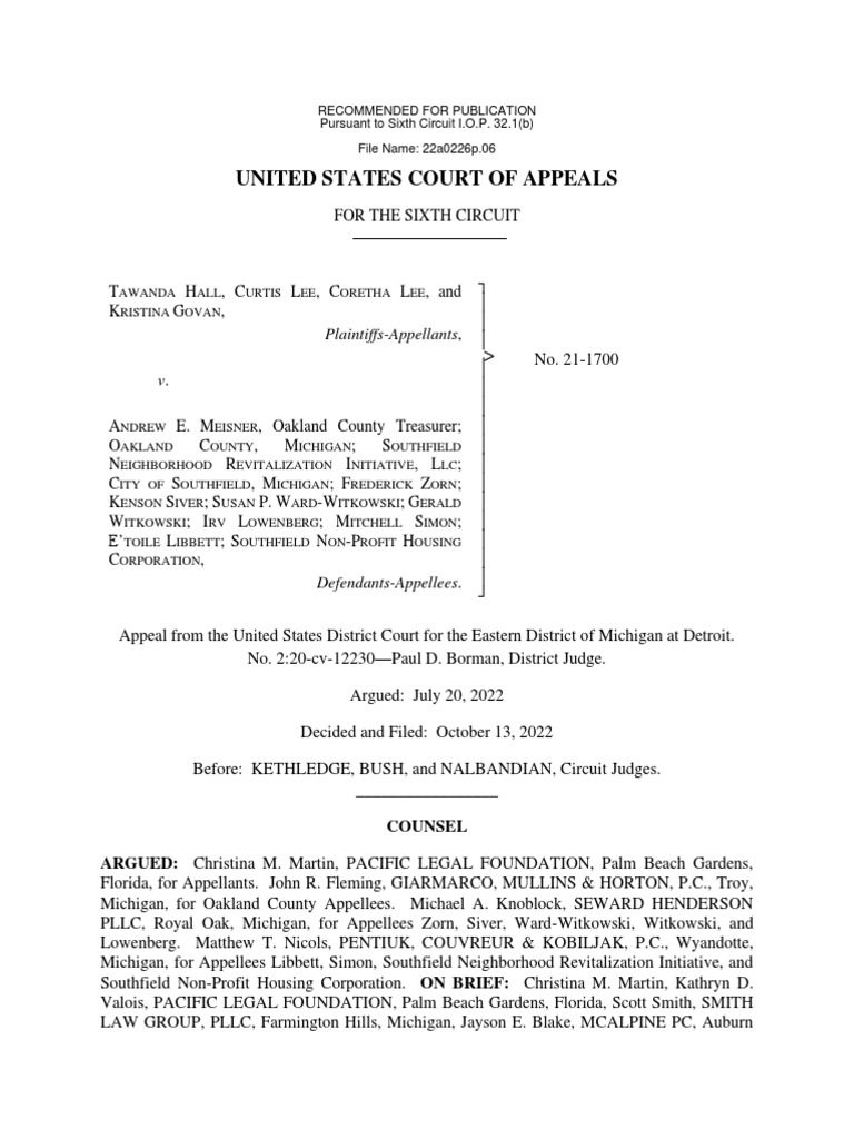 Hall v. Meisner, No. 21-1700 (6th Cir. Oct. 13, 2022) | PDF | Mortgage ...