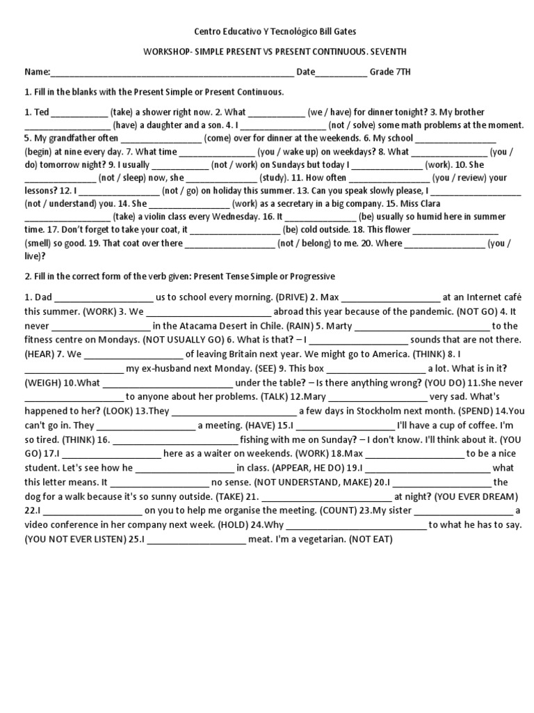 Present Simple vs Continuous Worksheet | PDF