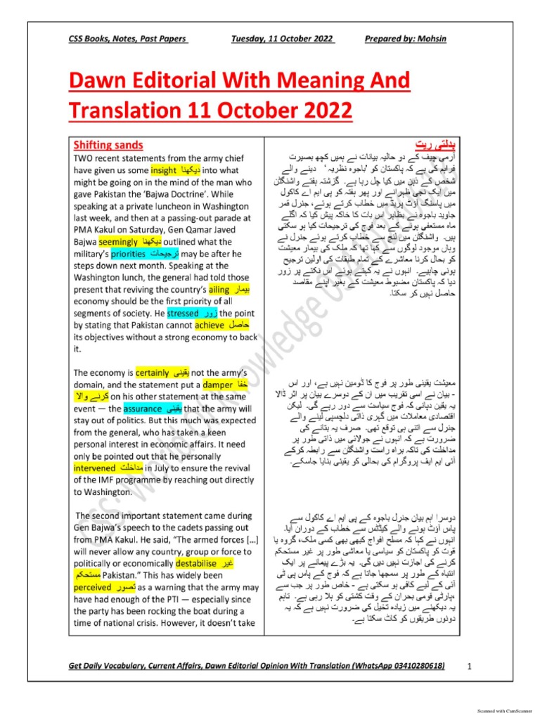 Oct 11 Dawn Editorial With Meaning and Translation | PDF