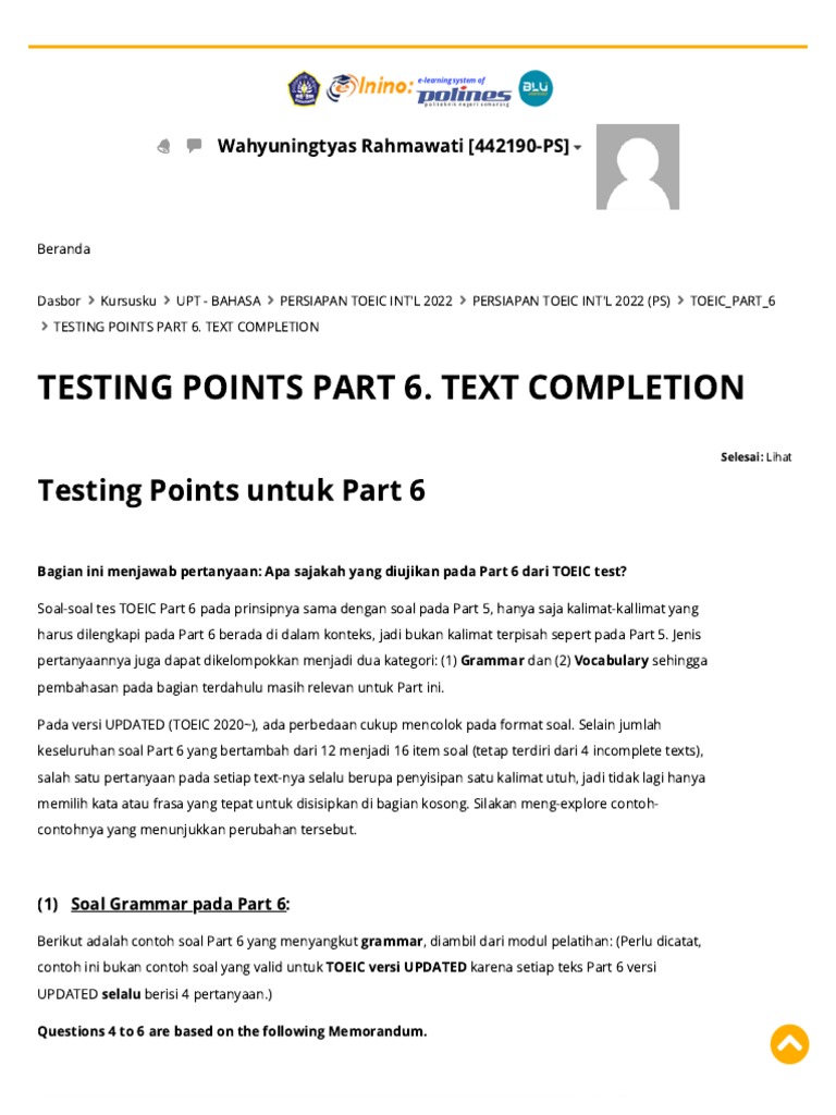Persiapan Toeic Testing Points Part 6. Text Completion | PDF