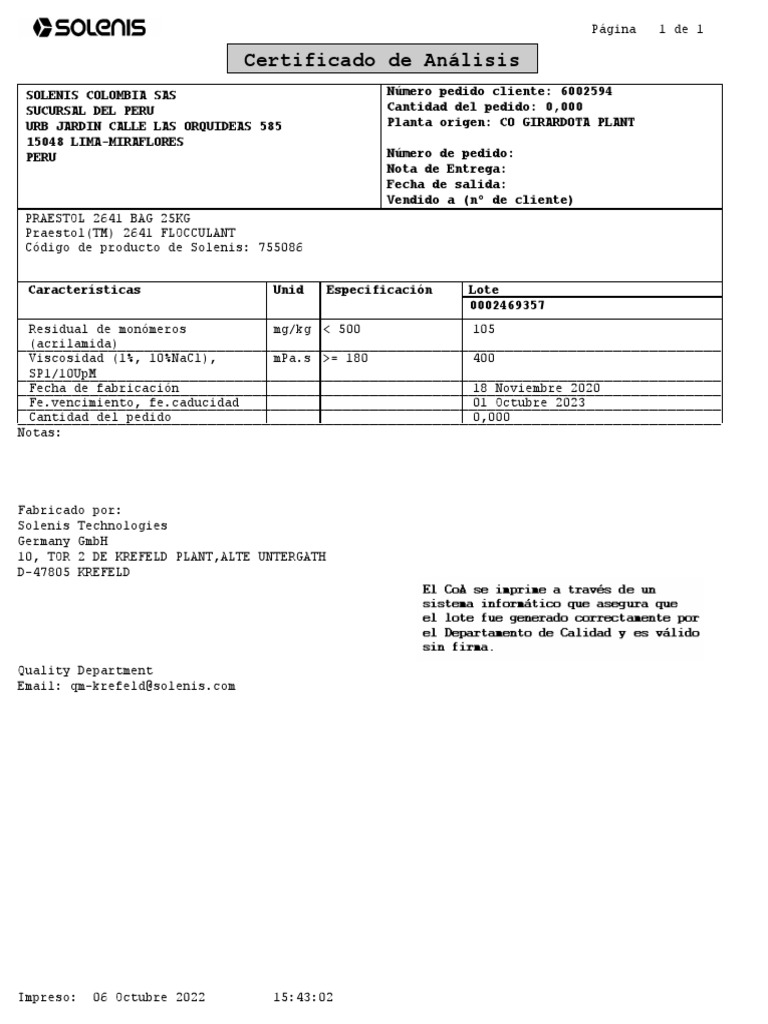 CoA 0002469357 PRAESTOL 2641 | PDF
