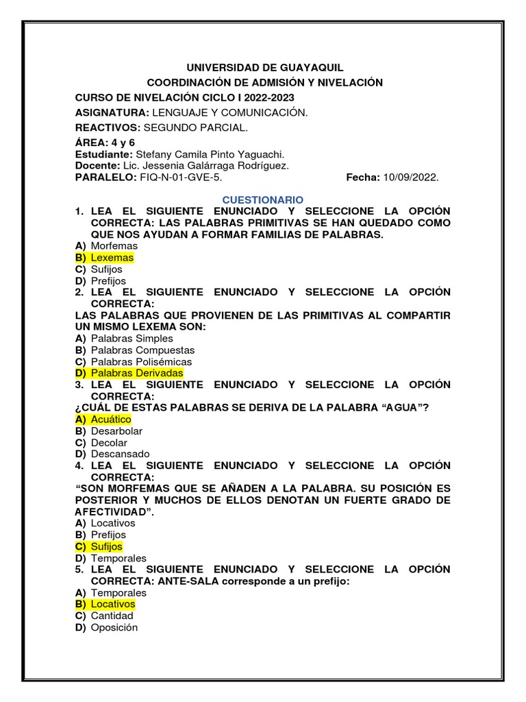 Resultados del segundo parcial de Lenguaje y Comunicación para la estudiante Stefany Camila ...