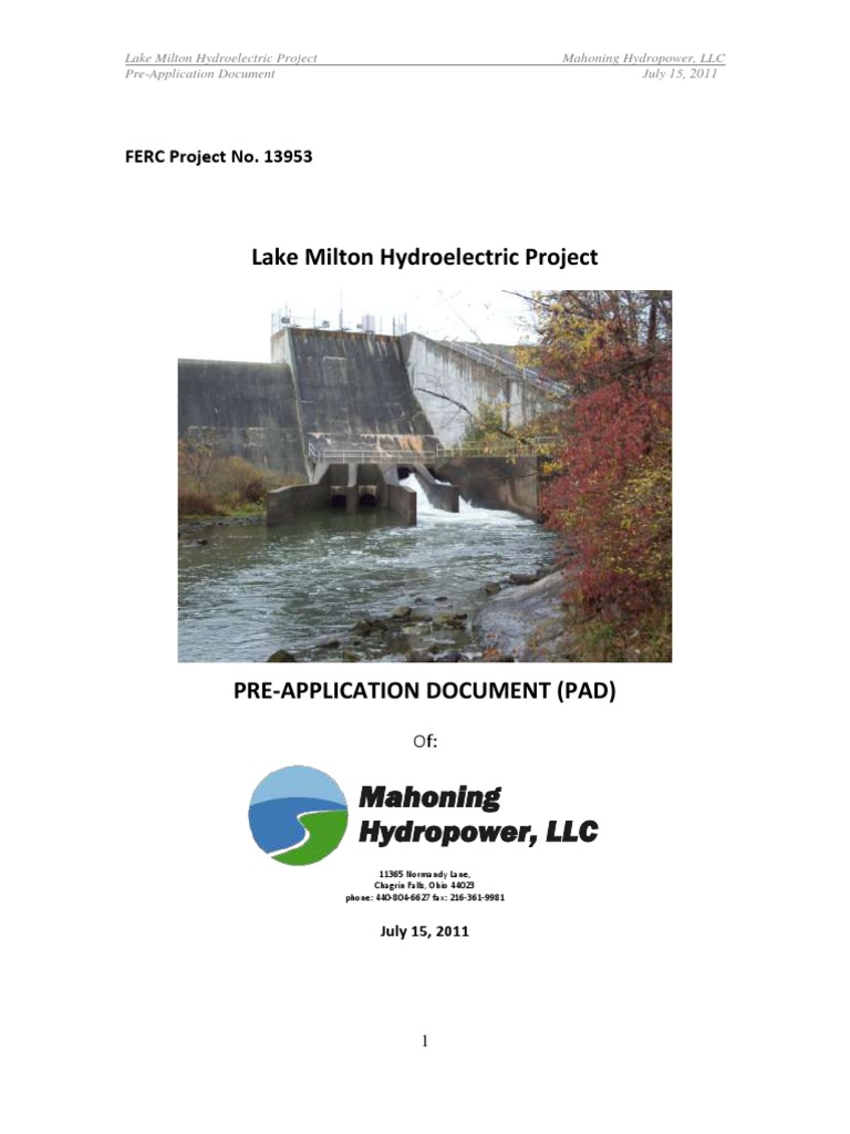 Lake Milton Hydroelectric Project: Mahoning Hydropower, LLC | PDF ...