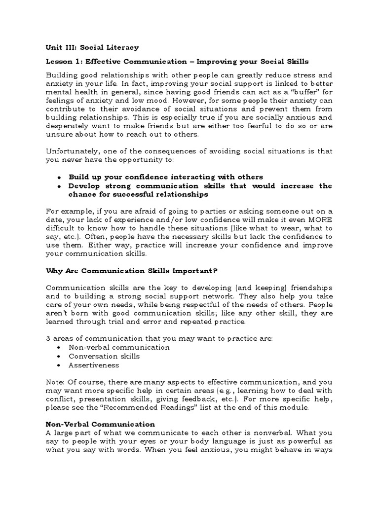 Unit III: Social Literacy Lesson 1: Effective Communication - Improving ...