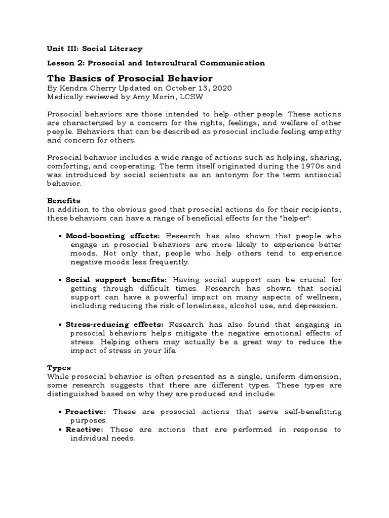 The Basics of Prosocial Behavior: Unit III: Social Literacy Lesson 2 ...