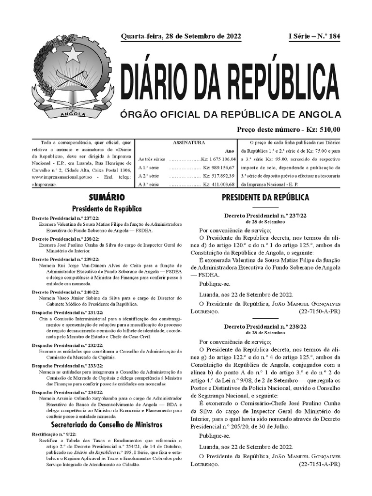 Rectifico Nº 9-22 de 28 de Setembro Rectifico a Tabela Das Taxas e ...