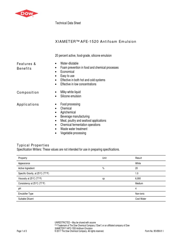 Xiameter AFE-1520 Antifoam Emulsion - Ficha Tecnica - Dow - Ingles ...