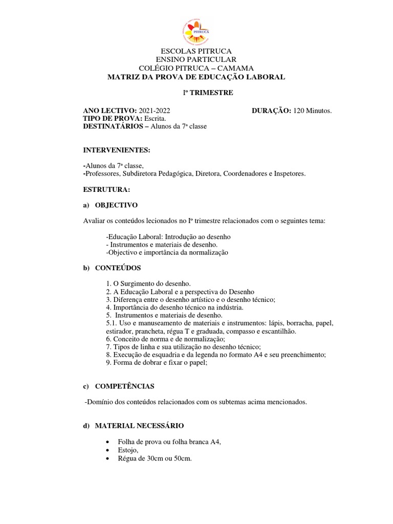 Matriz Da Prova Ed. Laboral 7classe | PDF Matriz Da Prova Ed. Laboral 7classe | PDF