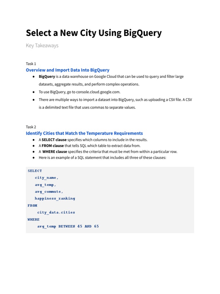 Key Takeaways - Guided Project - Select A New City Using BigQuery | PDF