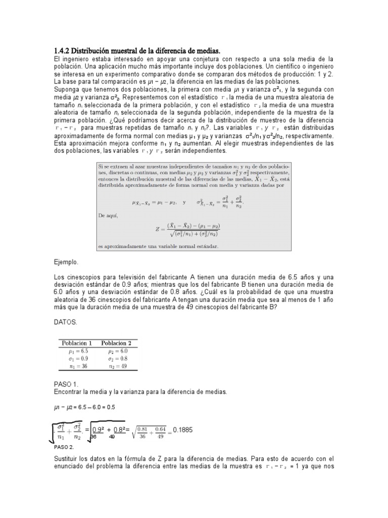 1.4.2 Distribución Muestral de La Diferencia de Medias. | PDF | Muestreo (Estadísticas) | Media