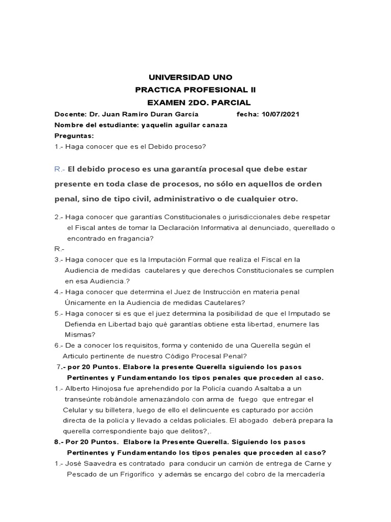 EXAMEN 2do PARCIAL PRACTICA PROF. II YACUIBA | PDF | Queja | Derecho penal