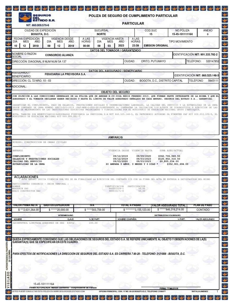 Poliza de Cumplimiento Anexo 0 | PDF | Póliza de seguros | Seguro