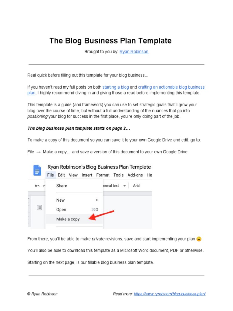 Ryan Robinson's Blog Business Plan Template (Worksheet) ? - Read More ...