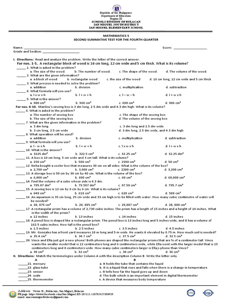 Second Summative in Math Fourth Quarter 2020 2021 | PDF | Volume ...