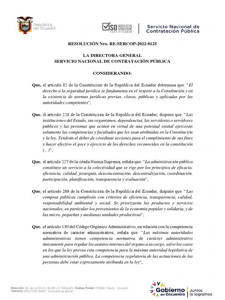 Resolucion Nro Re Sercop 2022 125 Signed | PDF | Presupuesto | Administración Pública