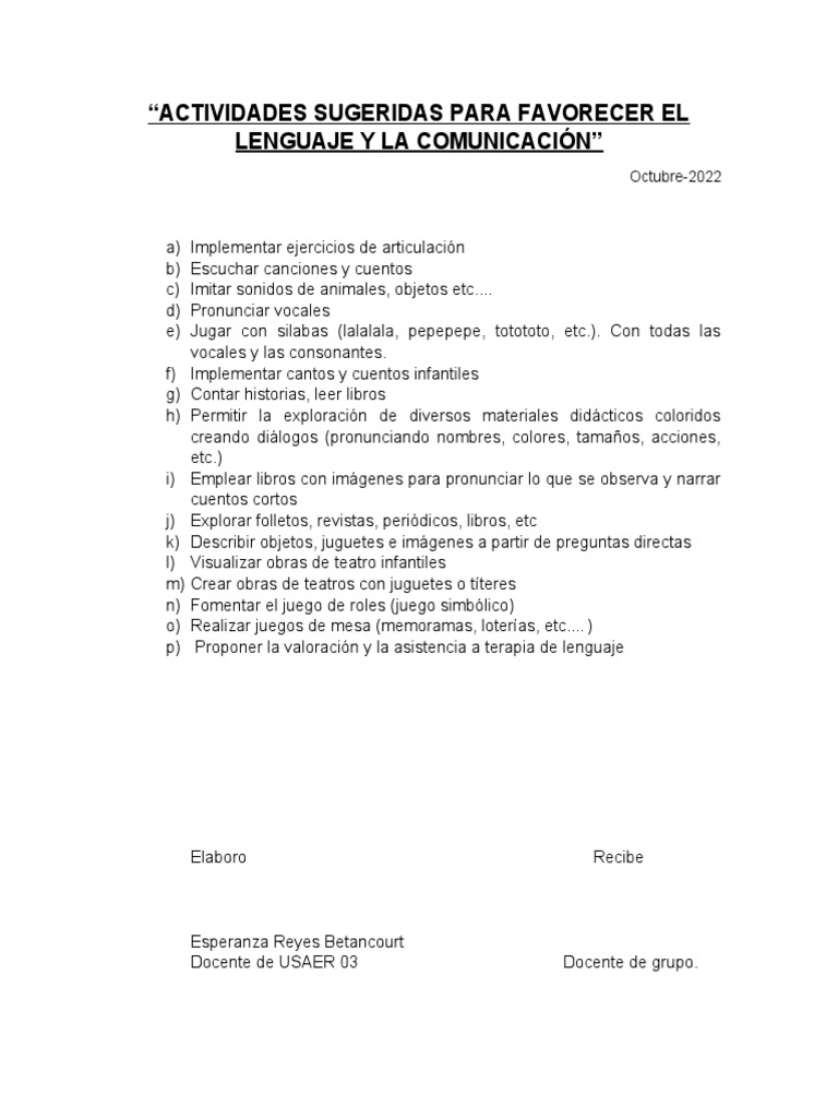 Actividades Sugeridas para Favorecer El Lenguaje y La Comunicación | PDF