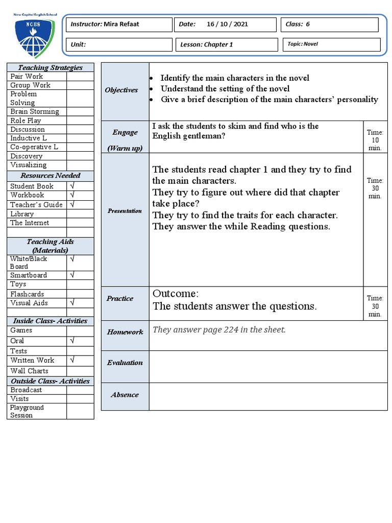 Novel Chapter 1 Lesson Plan | Download Free PDF | Lesson Plan ...