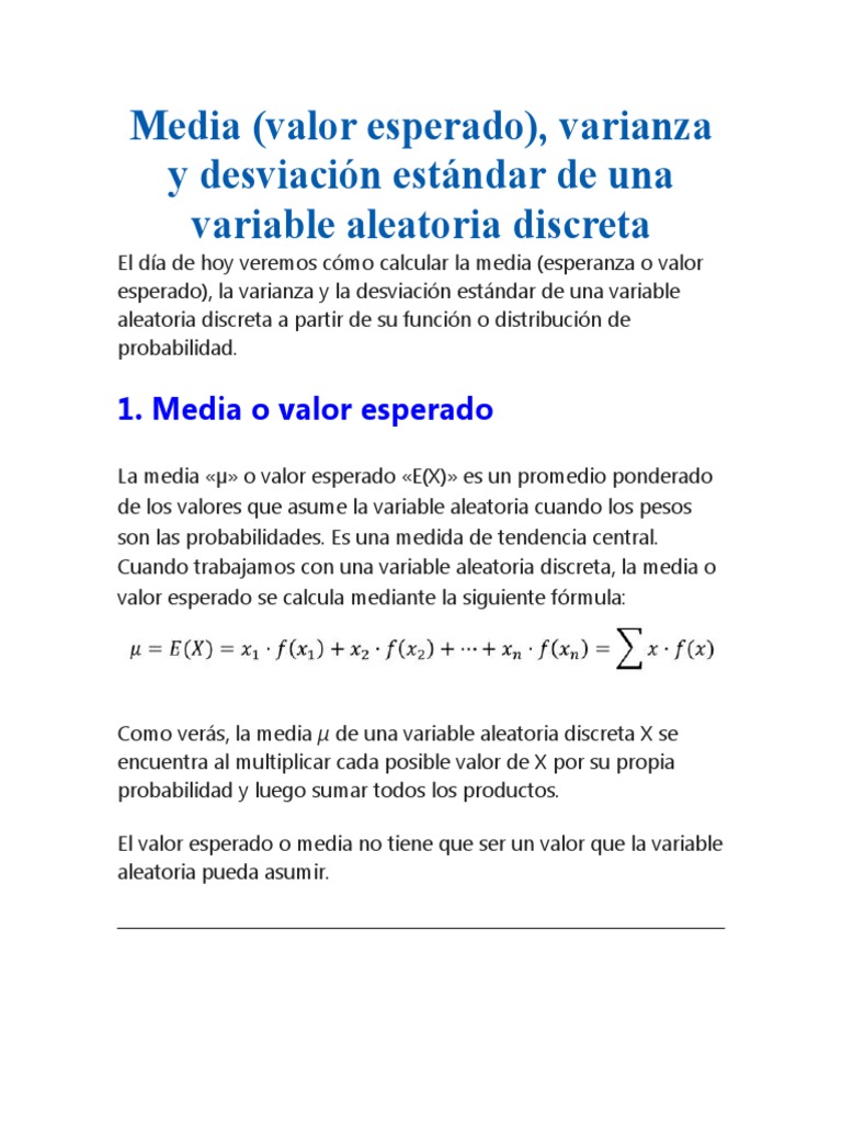 Media, Varianza y Dispersion Probabilidad | PDF | Diferencia ...