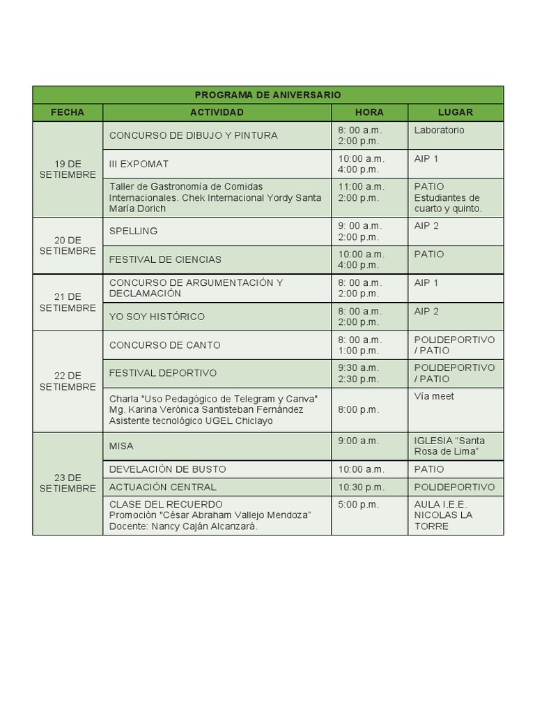 Programa de Aniversario Escolar 2023 | PDF