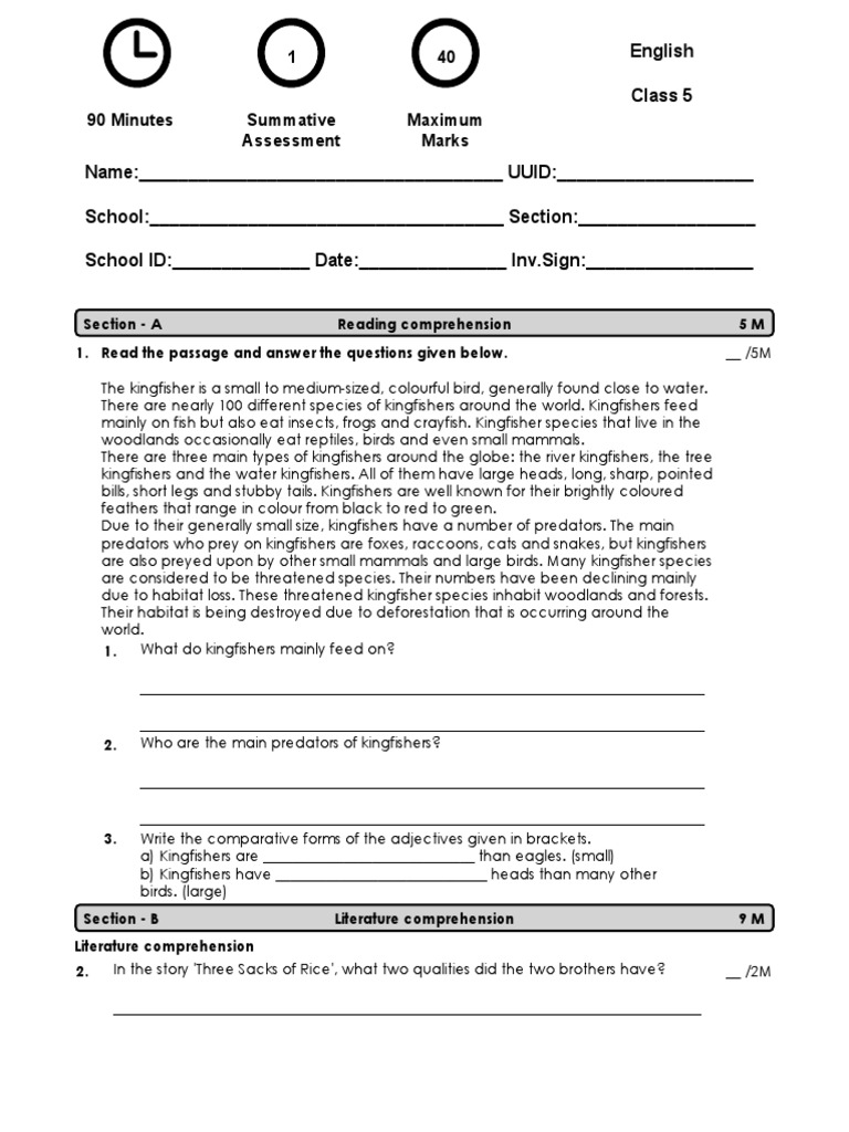 English Class 5: Section - A Reading Comprehension 5 M 1. Read The ...