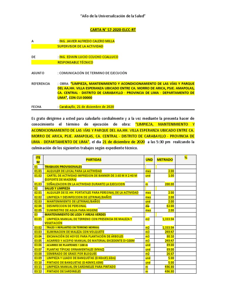 Carta 00 Termino De Ejecucion De Obra Pdf
