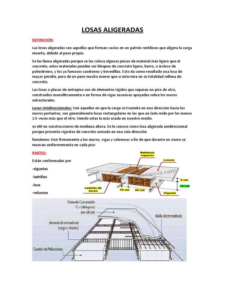 Definición y proceso constructivo de las losas aligeradas unidireccionales | PDF | Hormigón ...