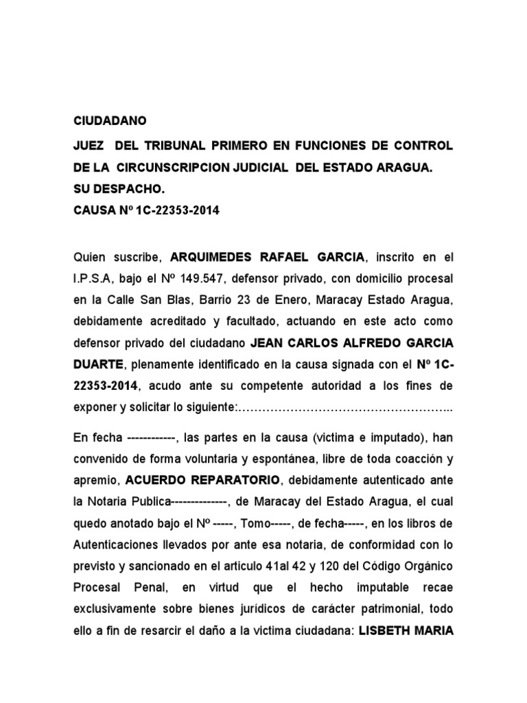 Escrito de Homologacion de Acuerdo Reparatorio | PDF