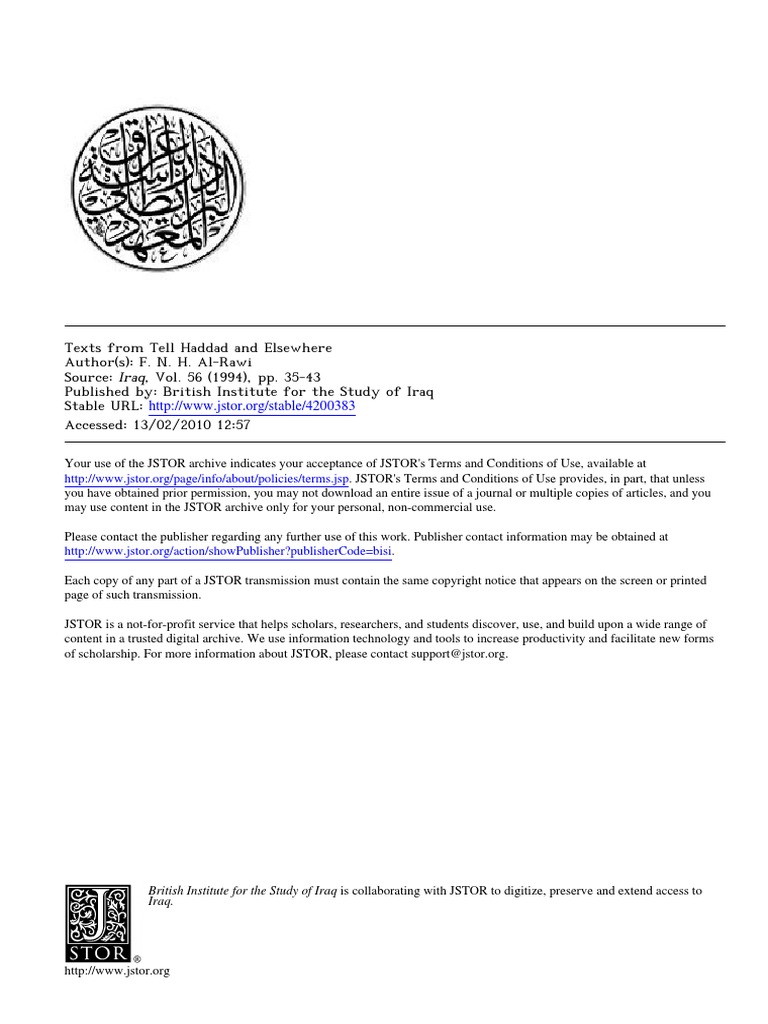 Al-Rawi, F. N. H. - Texts From Tell Haddad and Elsewhere. Iraq 56, 1994 ...