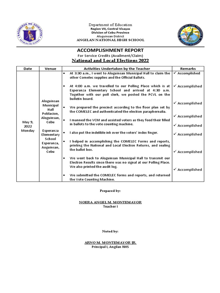 Accomplishment National and Local Elections 2022 | PDF