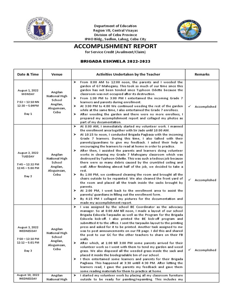 Brigada Accomplishment Report | PDF